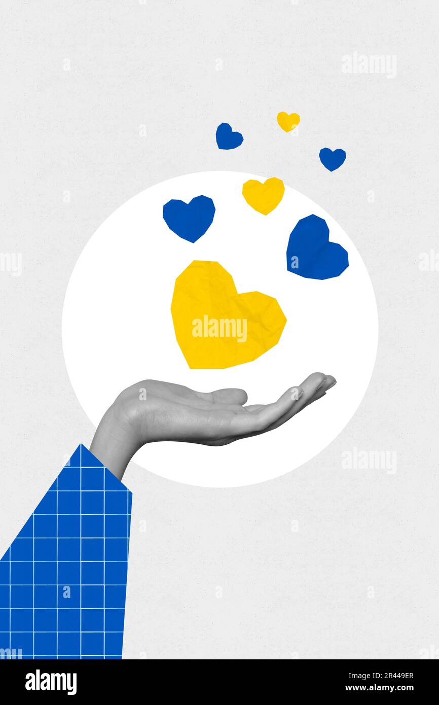 Template advert collage of human arm with blue yellow colored hearts ...