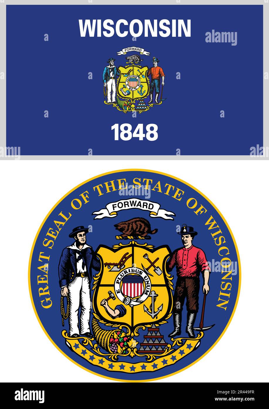 Wisconsin US State Flag and Coat of Arm Design Stock Vector Image & Art ...
