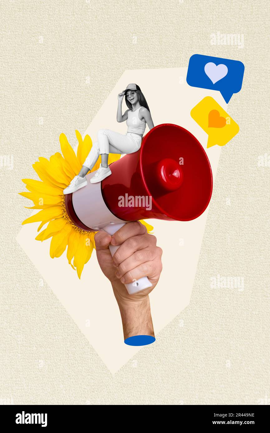 Template collage of little lady sit bullhorn advertising announce ...