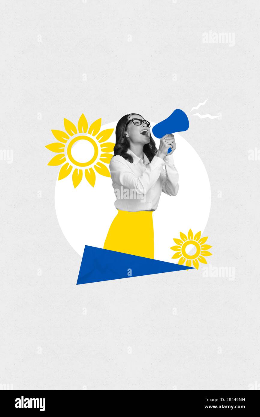 Volunteer template collage of lady on demonstration shout bullhorn ...
