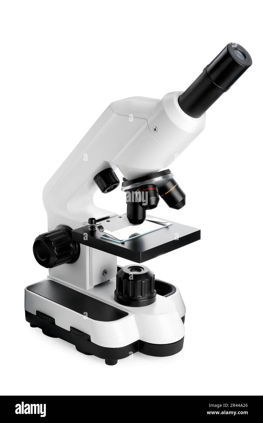 Modern microscope isolated on white. Medical equipment Stock Photo - Alamy