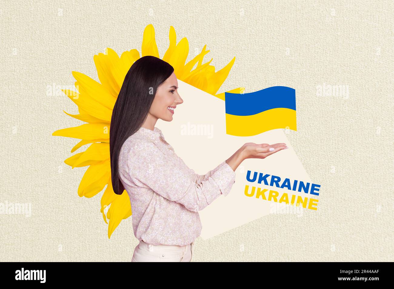 Poster banner collage of young lady demonstrate ukrainian flag support ...