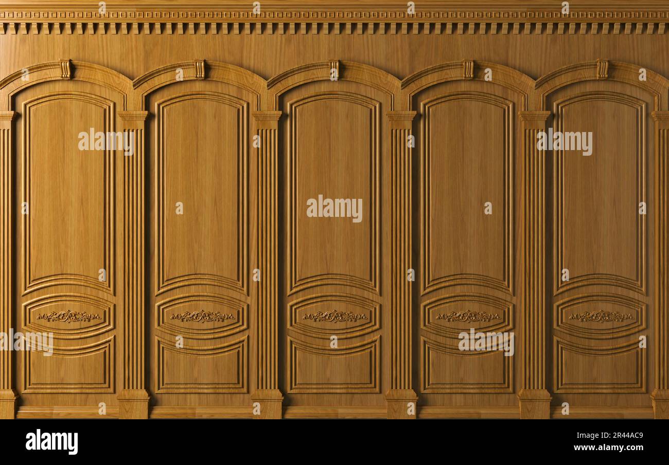 3d illustration. Classic wall with vintage brown beech wood panels ...