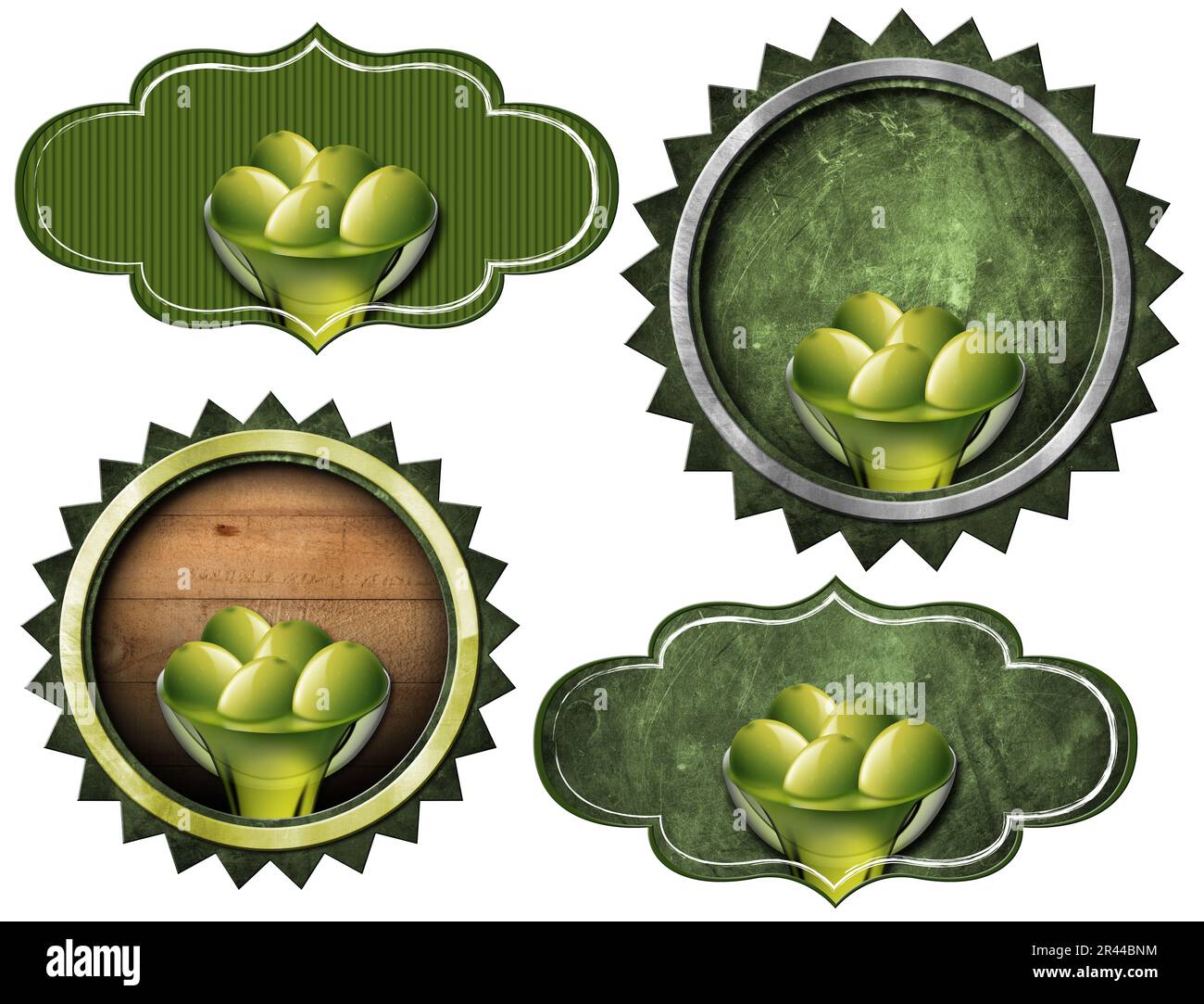 Collection of four labels with green olives, olive oil and copy space ...
