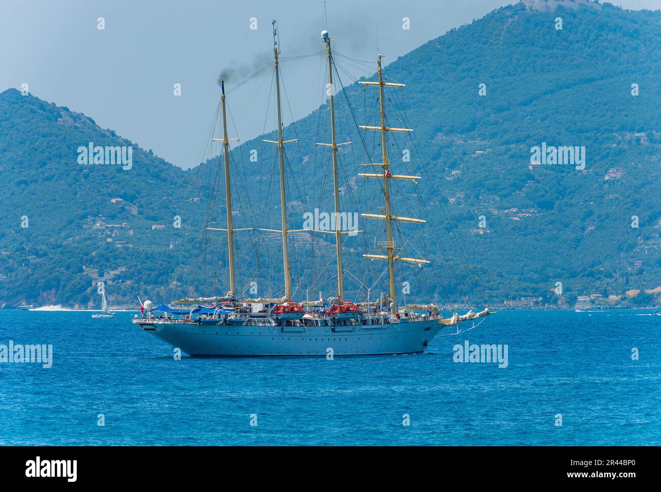 Large sailing ship with four masts in the blue Mediterranean sea, Porto ...