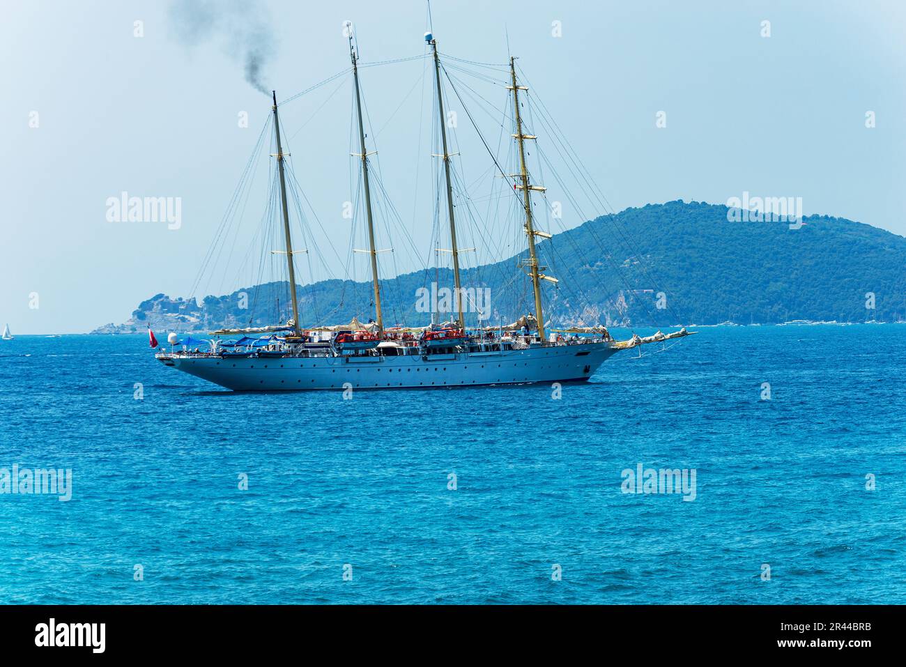 Large sailing ship with four masts in the blue Mediterranean sea in ...