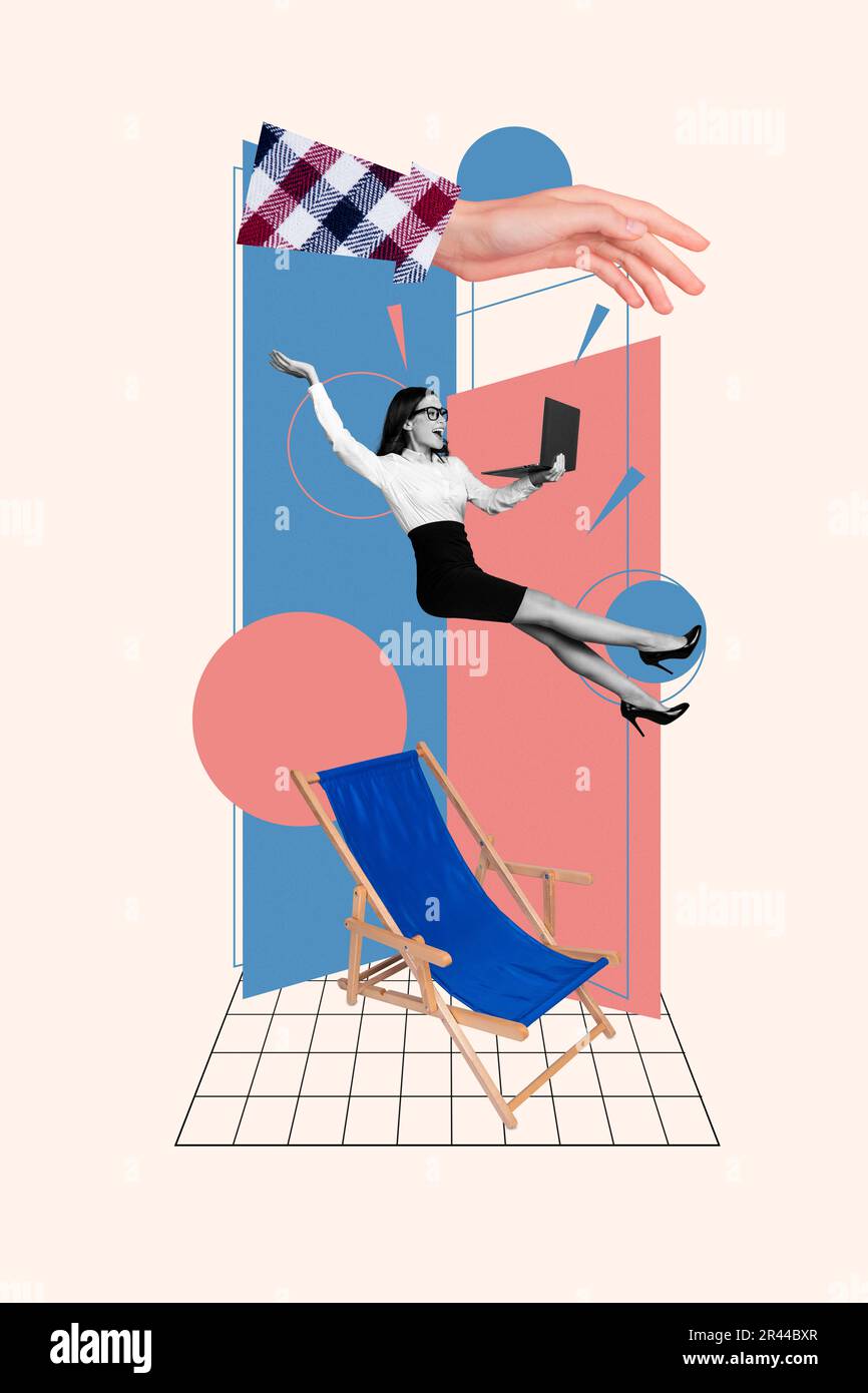 Designed collage illustration of crazy young lady booking virtual tour ...