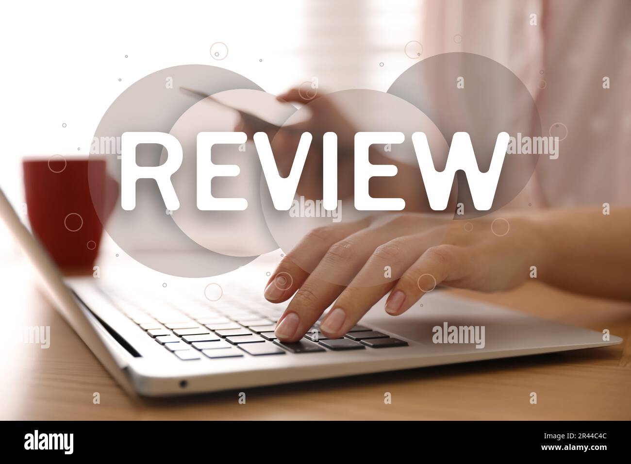 Online review. Woman using laptop and mobile phone to leave feedback, closeup Stock Photo - Alamy