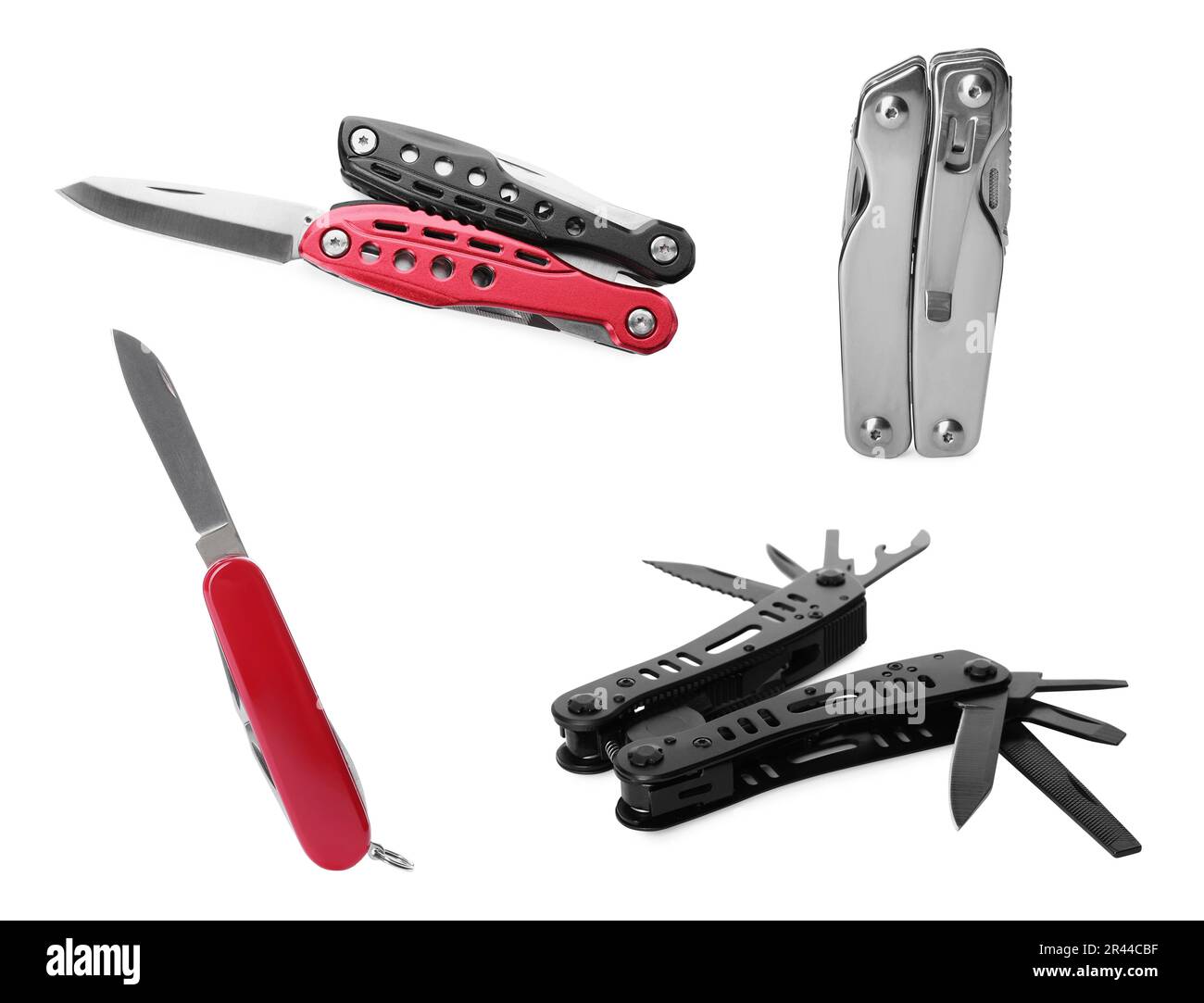 Set with different portable multitools on white background Stock Photo ...