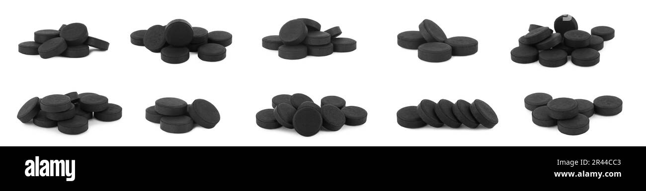 Set with activated charcoal pills on white background, banner design ...