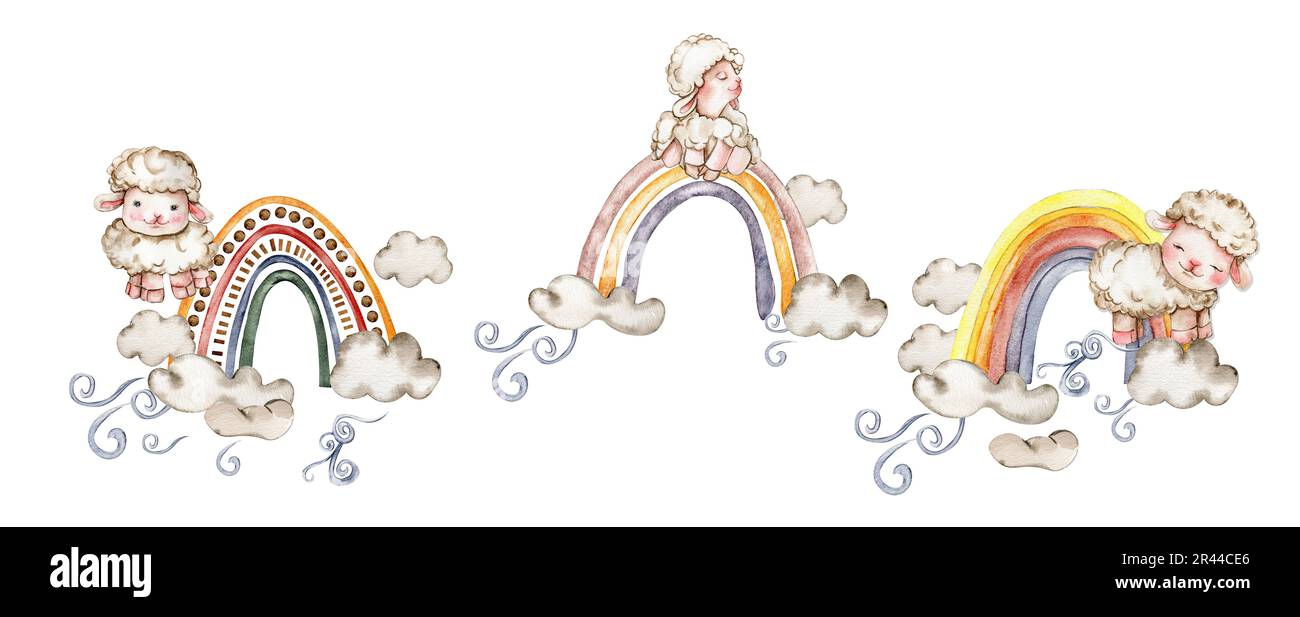 White fluffy sheep sitting on the rainbow and clowds arround it ...