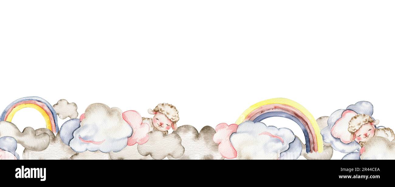White fluffy sheep sitting in the clowds with rainbow. Watercolor hand ...