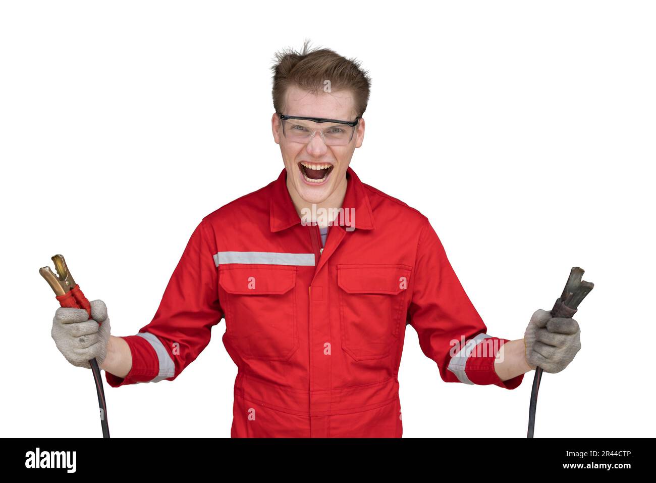 Mechanic male electricity man with charging battery clamps clips tool ...