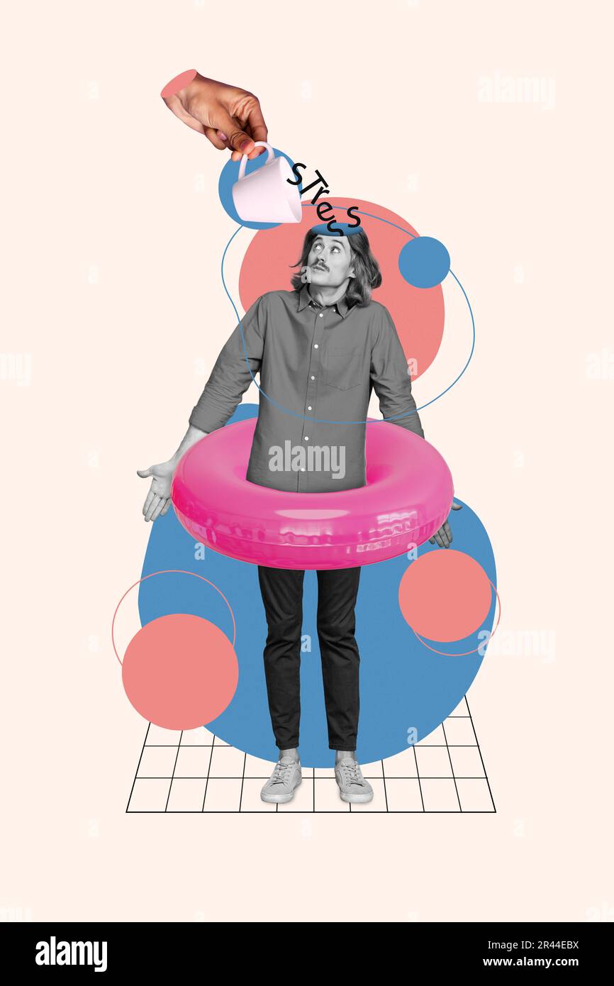 Collage of young stressed man wear inflatable circle head absurd cup ...
