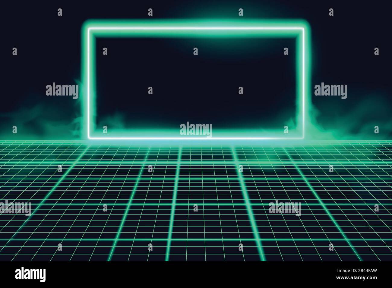 Wireframe perspective grid with glowing neon frame. Abstract retro ...