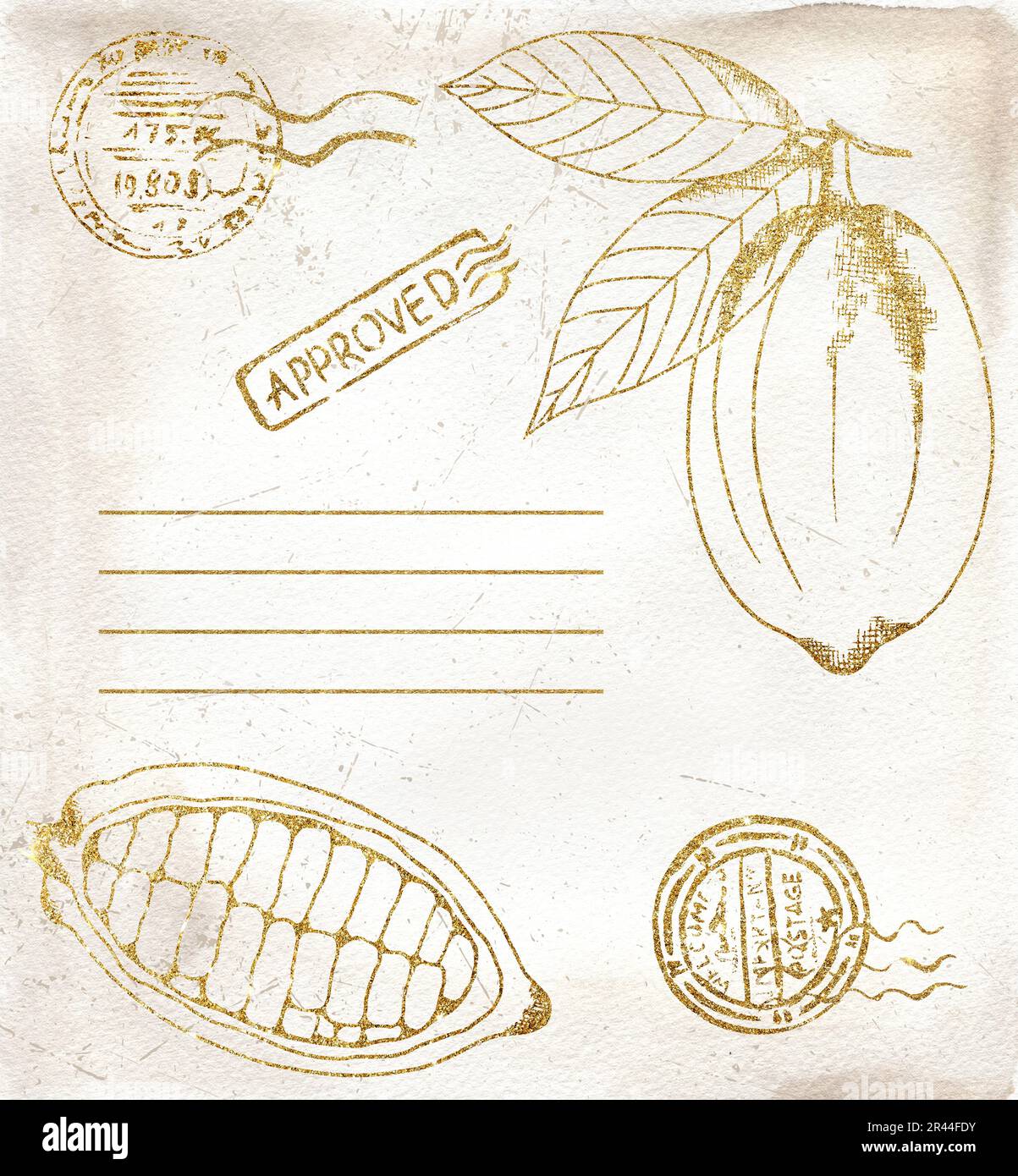 Hand drawn vintage cacao branch liner page illustration, golden liner ...