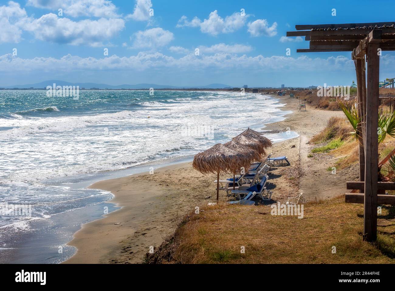 Aheloy, Bulgaria sandy beach panorama with unbrellas on the Black Sea ...