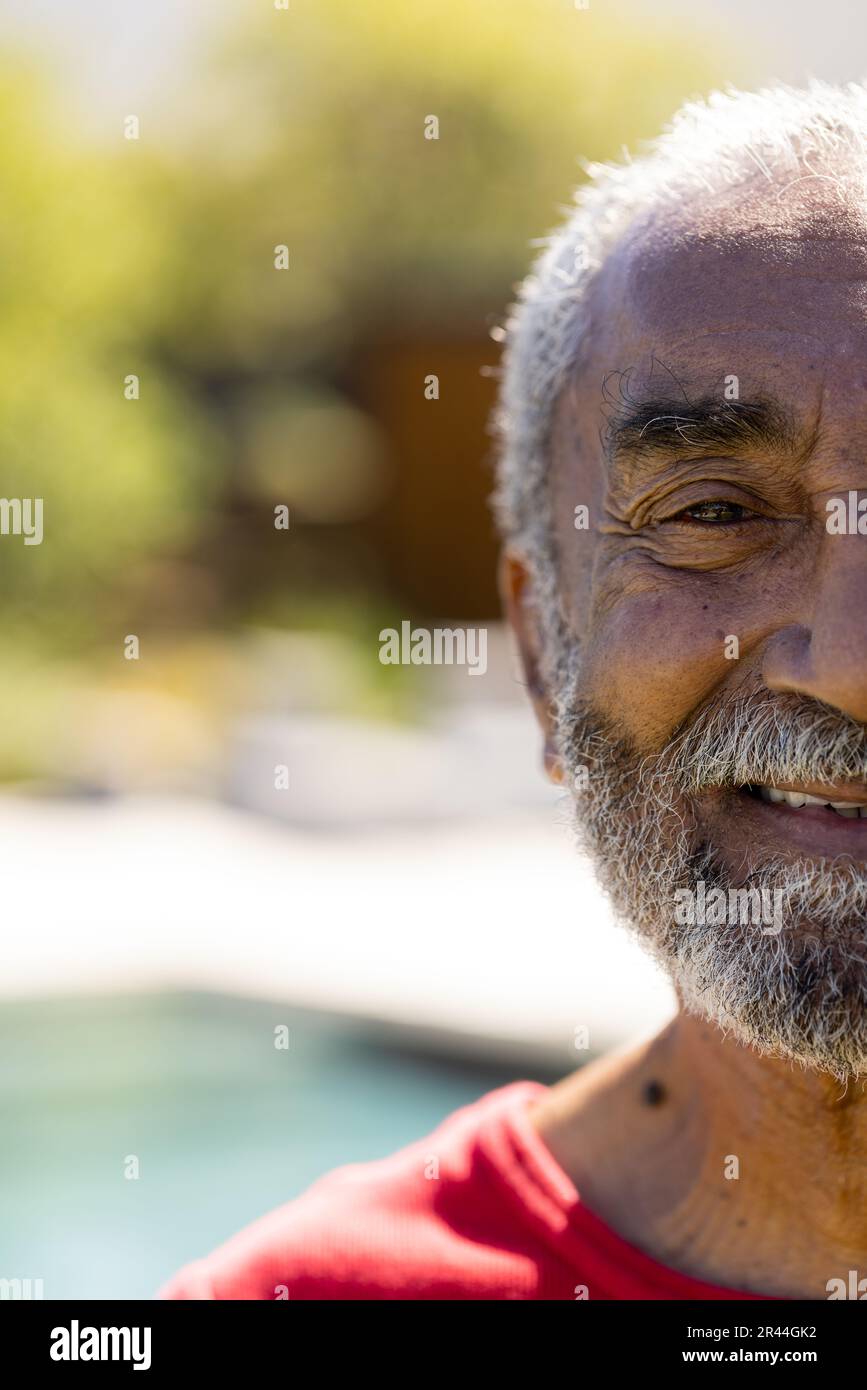 Half portrait of happy senior biracial man with beard smiling in sunny ...