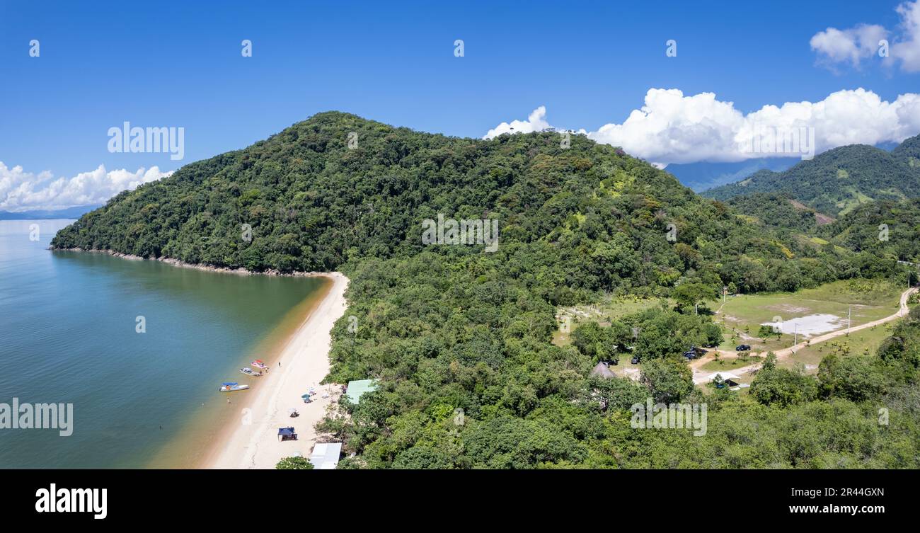 Aerial drone view of beautiful beach and forest trees of mata atlantica ...