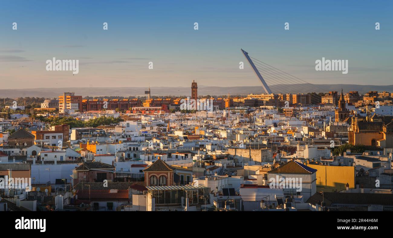 Seville Skyline at sunset with Alamillo Bridge and Perdigones Tower ...