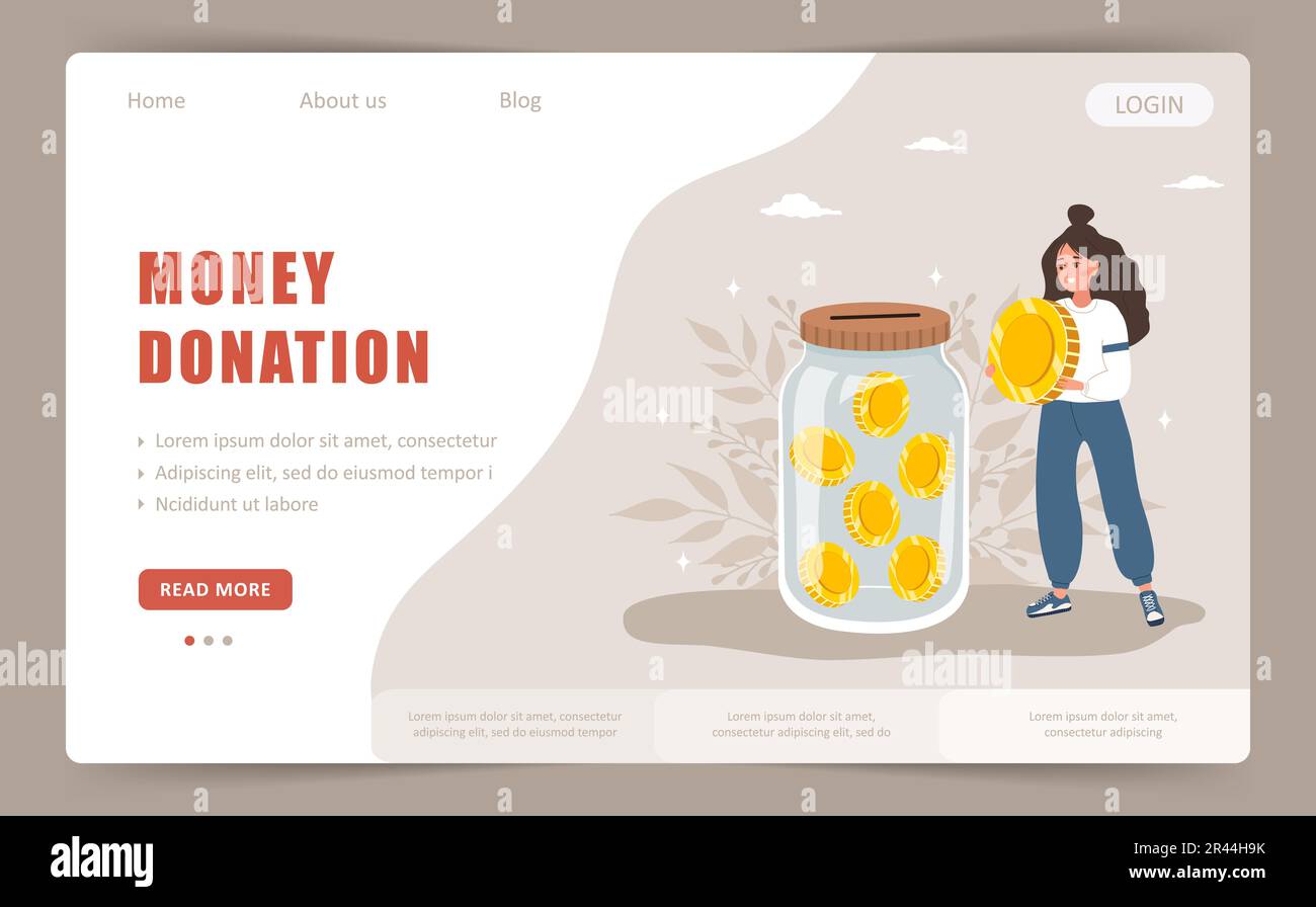 Money donation. Landing page template. Cute woman with glass jar full ...