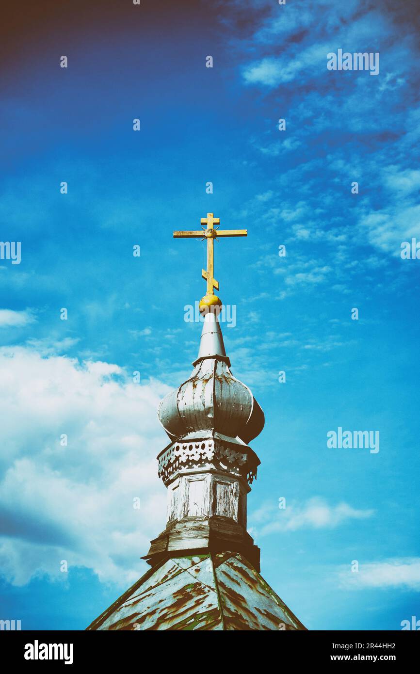 Cross On Top Of Old Orthodox Church Against Blue Sky Vintage Camera