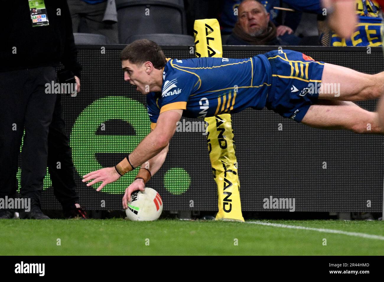Sydney, Australia. 26th May, 2023. Sean Russell of the Eels scores a ...