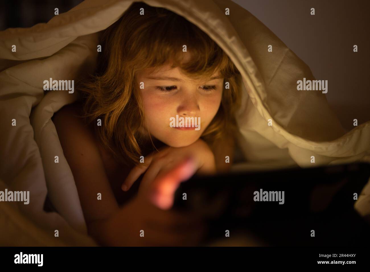 Child gadget addiction and insomnia. Kids with social media. Child ...