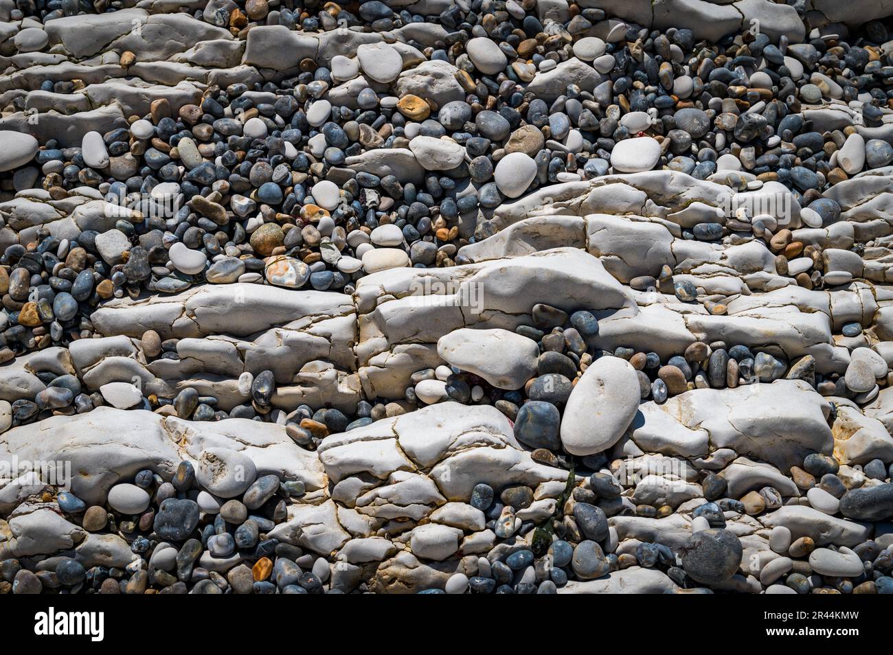 Pebbles and chalk rocks on a beach in Dorset for wall art Stock Photo ...