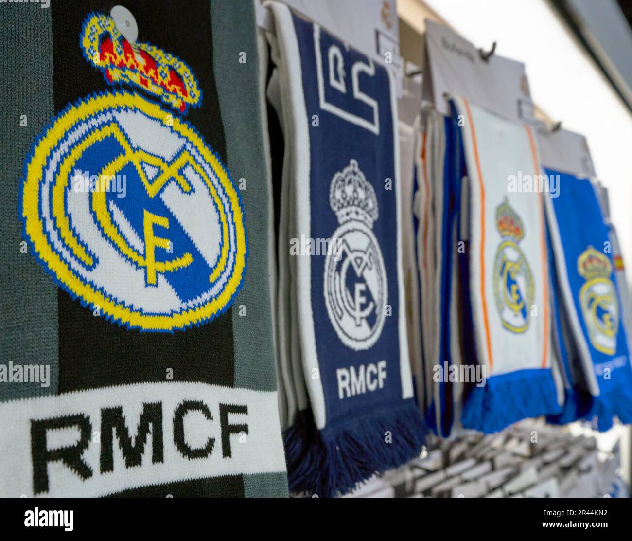 Souvenirs on sale in the official FC Real Madrid store at Santiago ...