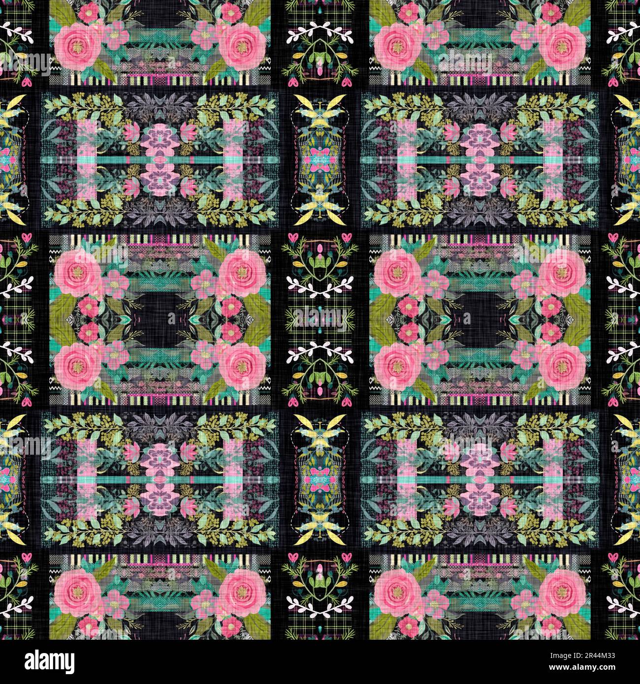 Boho patchwork flower pattern with a gypsy retro style. Repeatable ...