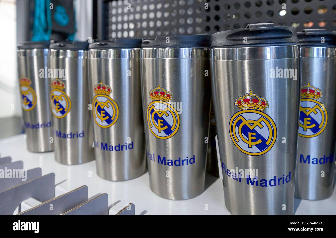 Souvenirs on sale in the official FC Real Madrid store at Santiago ...