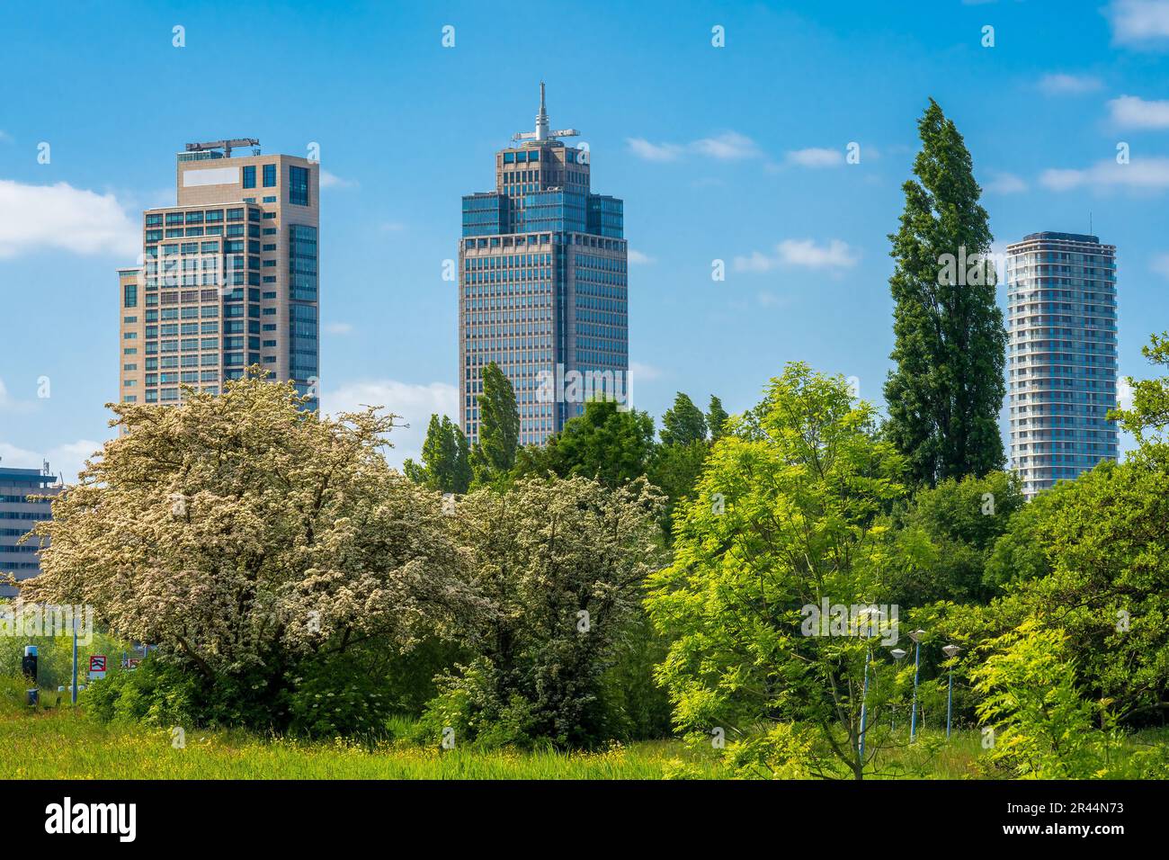 Office buildings, Rembrandt Tower in Amsterdam seen from the park on a ...