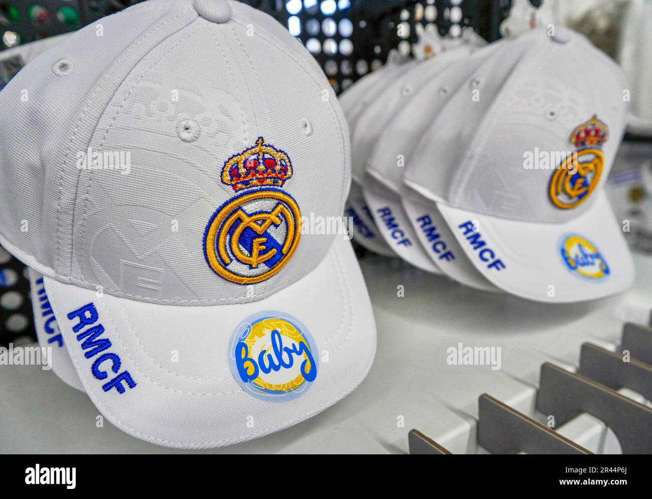 Souvenirs on sale in the official FC Real Madrid store at Santiago ...