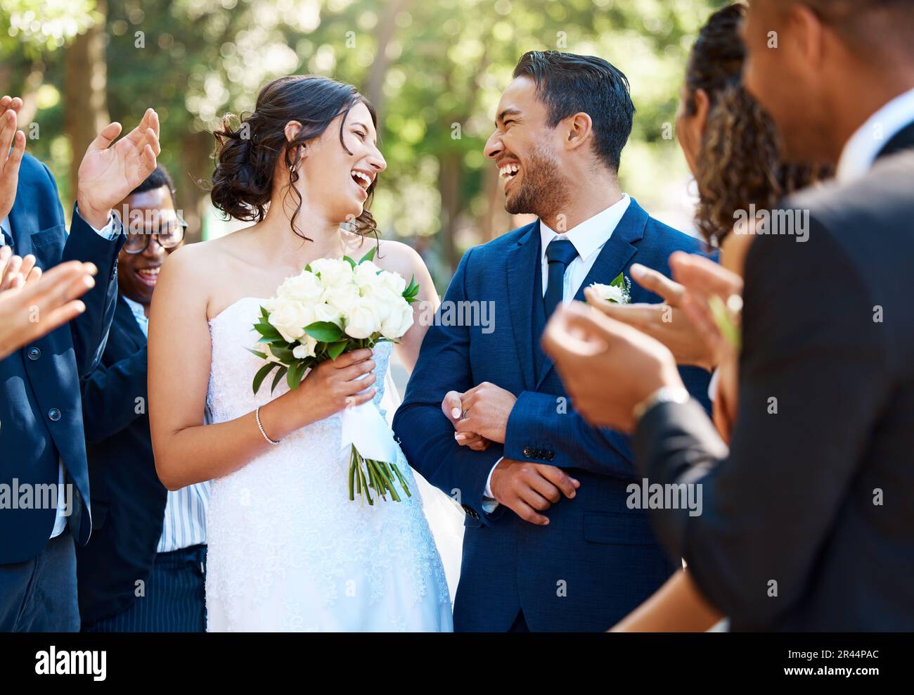 Wedding ceremony, couple and people clapping hands in celebration of ...