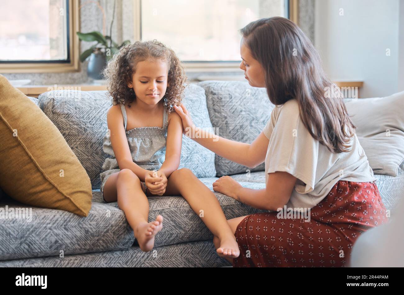 Sad, communication and a mother with a child for love, empathy and ...