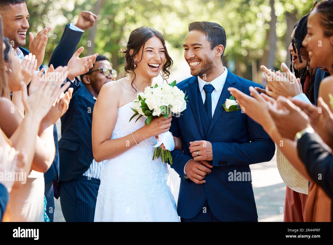 Couple, wedding and guests clapping hands in celebration of love ...