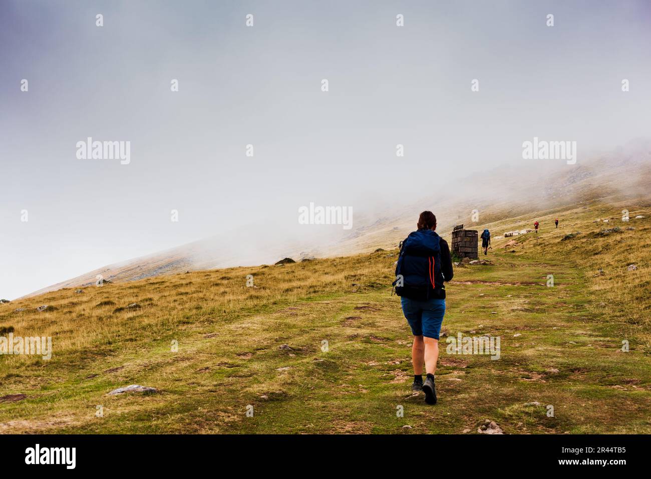 Pilgrim from behind along the Camino de Santiago. Path of the way of St ...