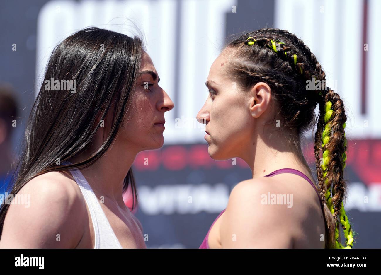 Karriss Artingstall (left) and Jade Taylor during the weigh-in at ...