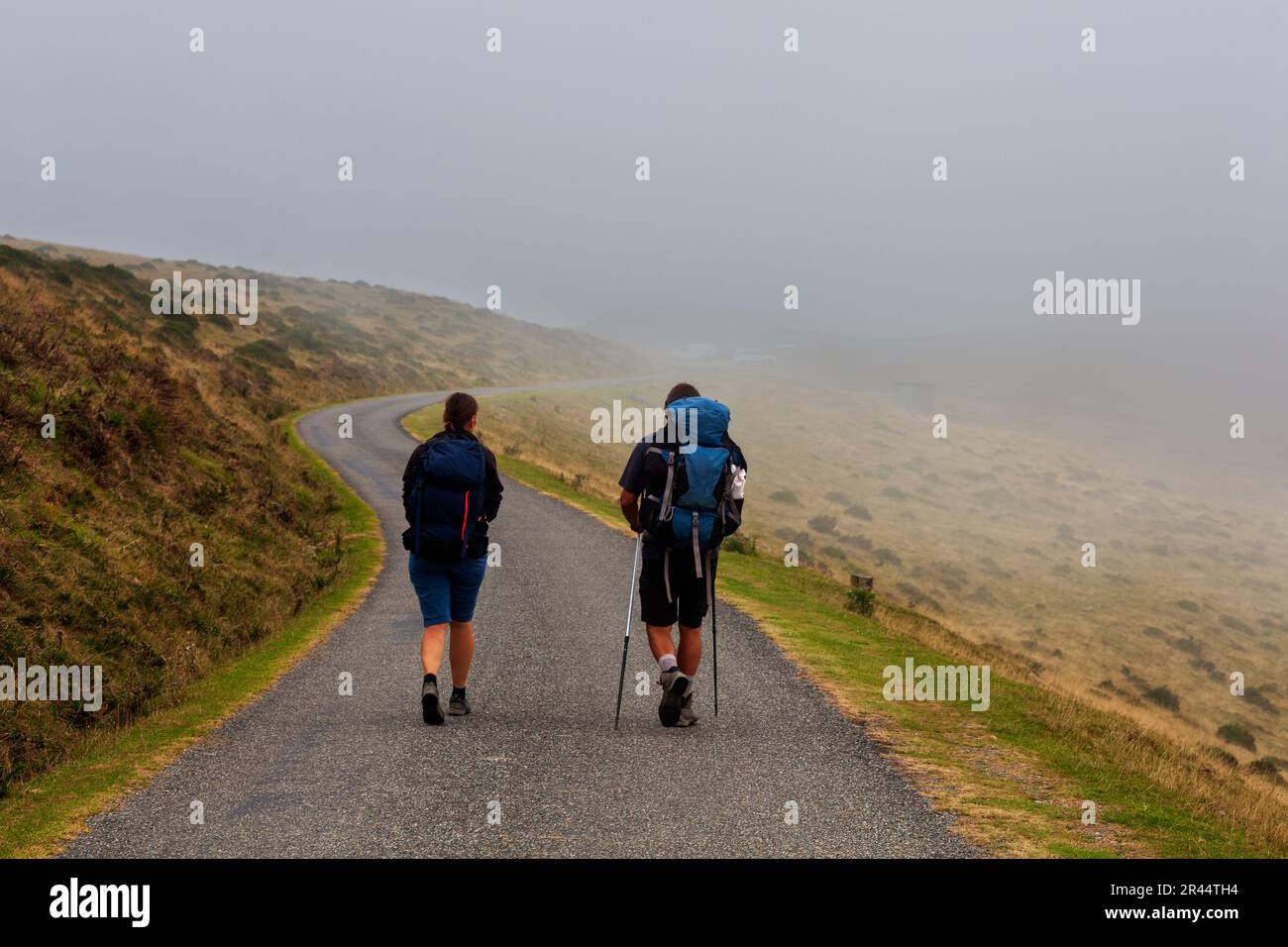 Couple of pilgrims along the Camino de Santiago. Path of the way of St ...