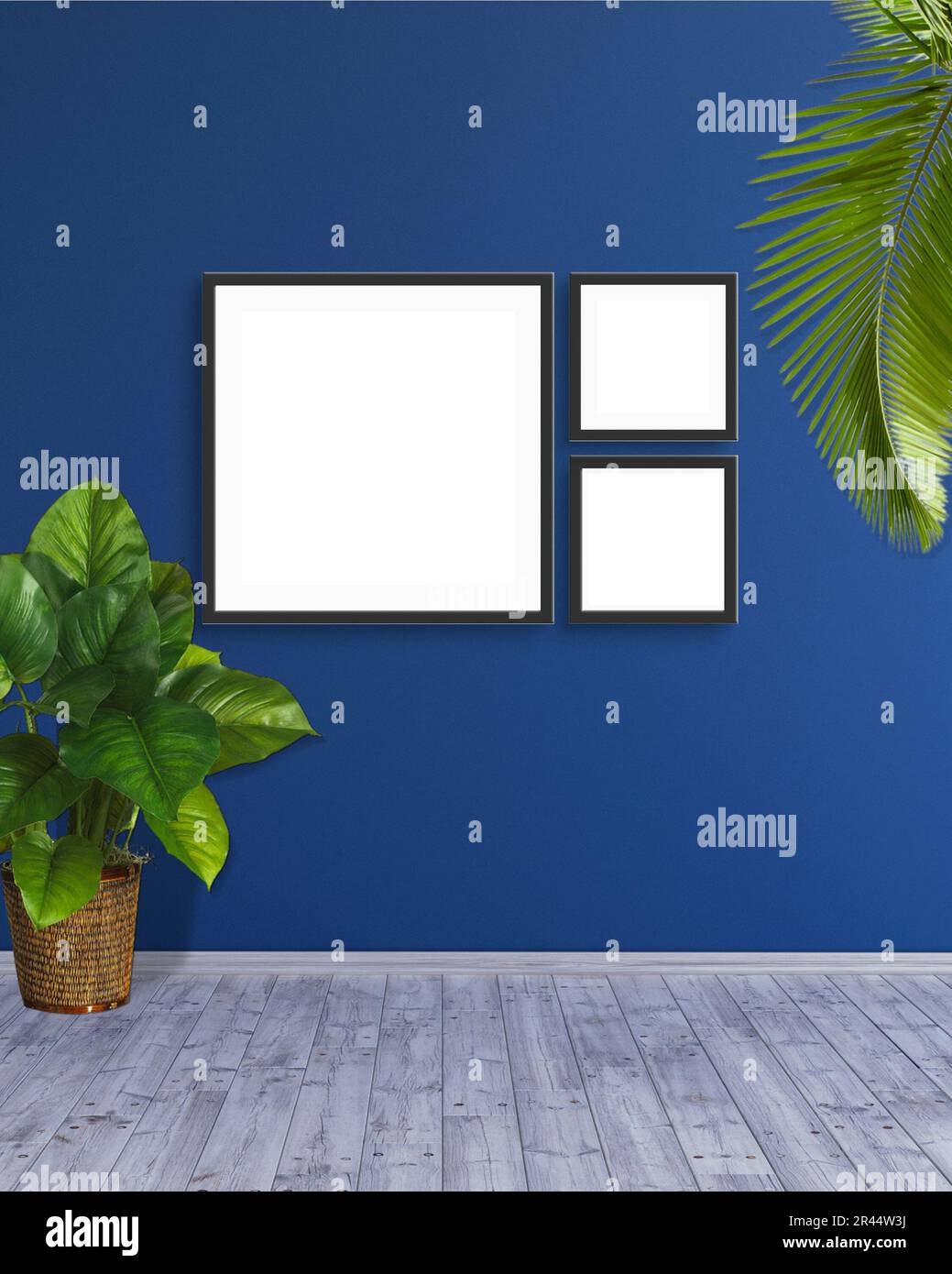 3 square format frame mockup on a blue wall with green leaf plants 3d ...
