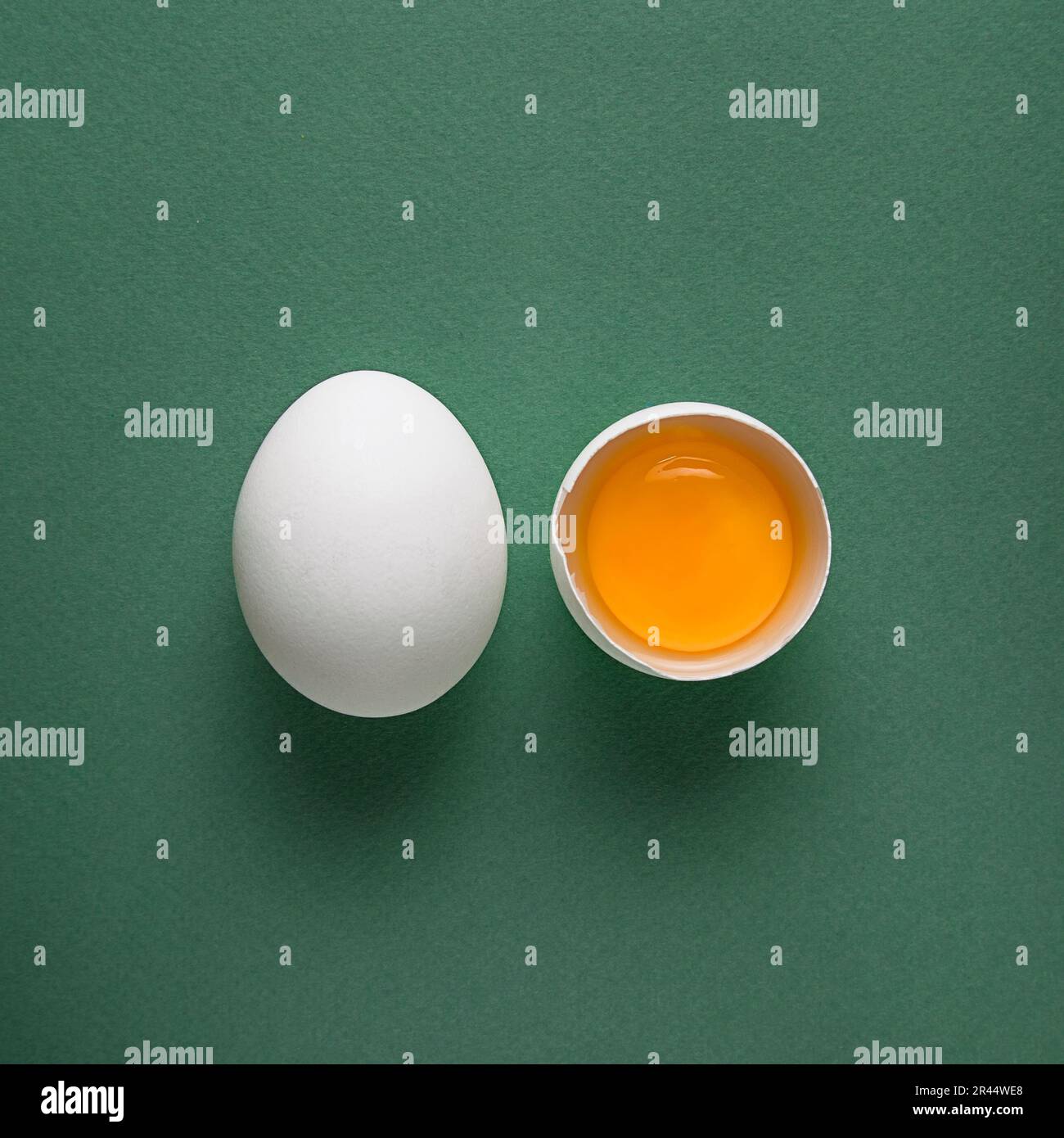 White egg, yolk on green pastel background. Eco Sustainably concept ...