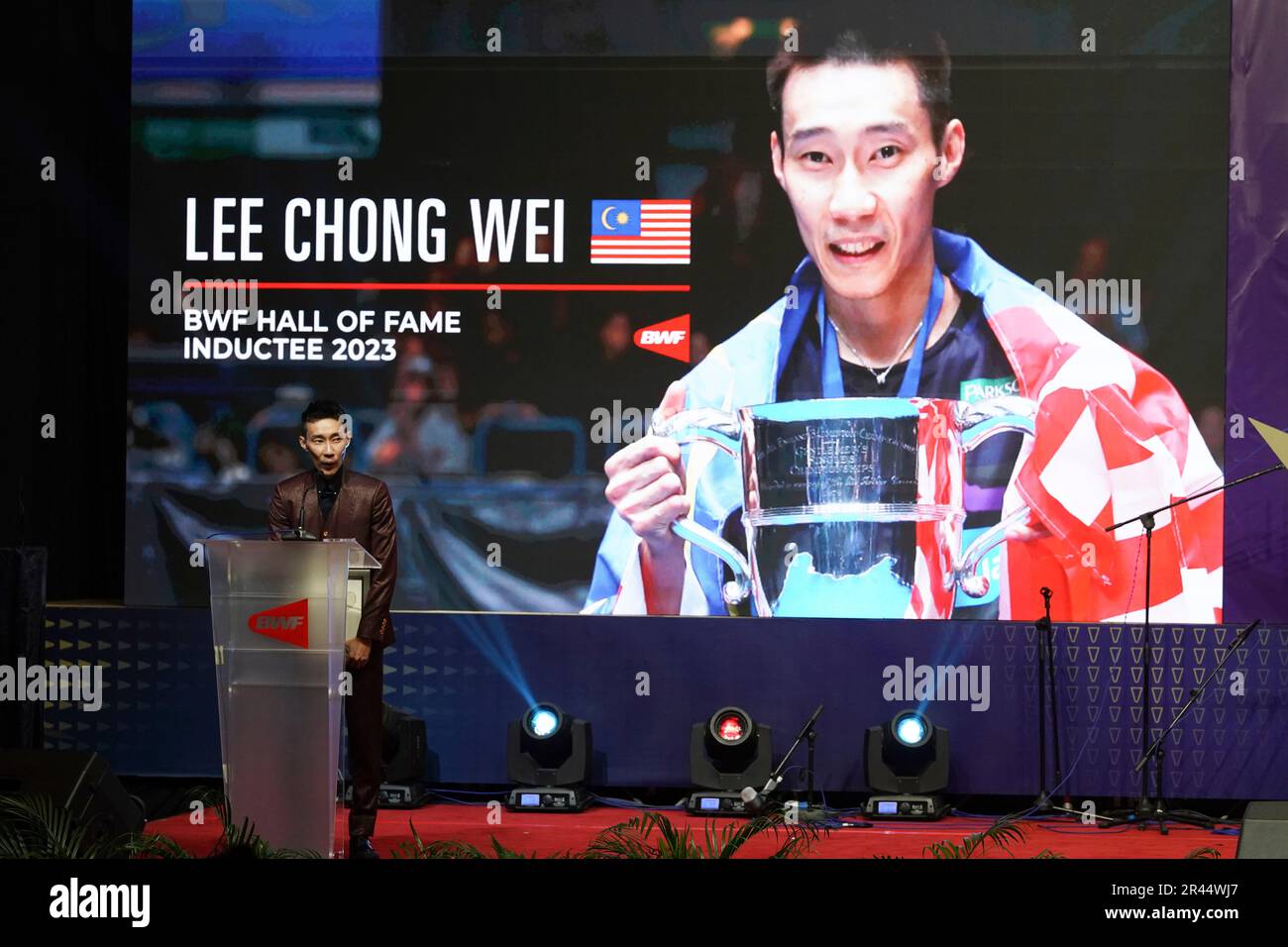 Former badminton player Malaysia's Lee Chong Wei saying a few words after being inducted into ...