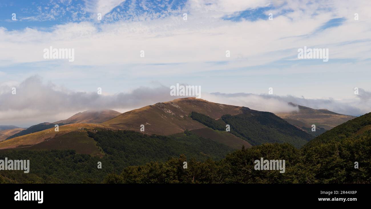 Mountain landscape, green valley along the Way of Saint James in the ...