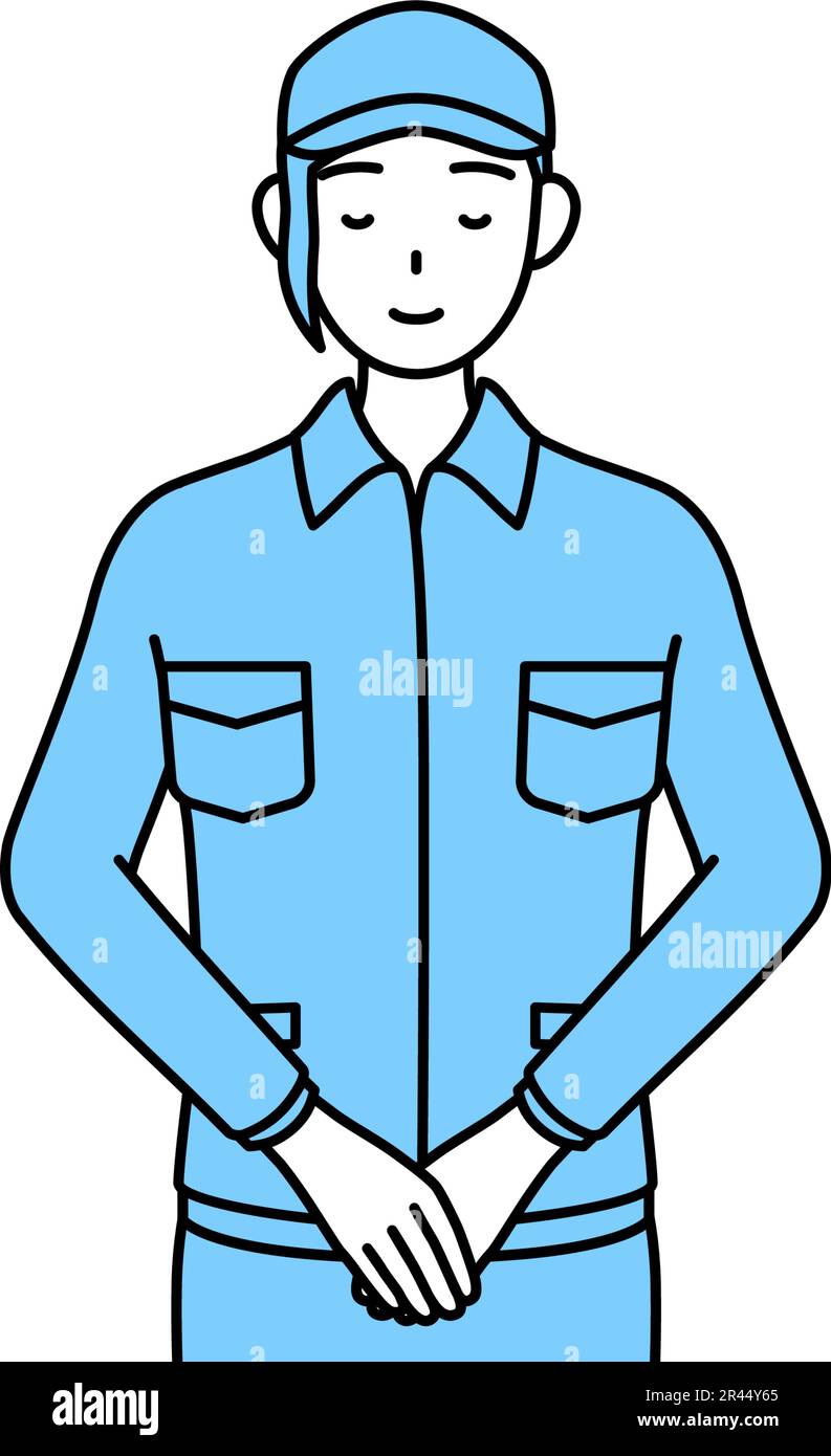 Woman in hat and work clothes bowing with folded hands, Vector ...