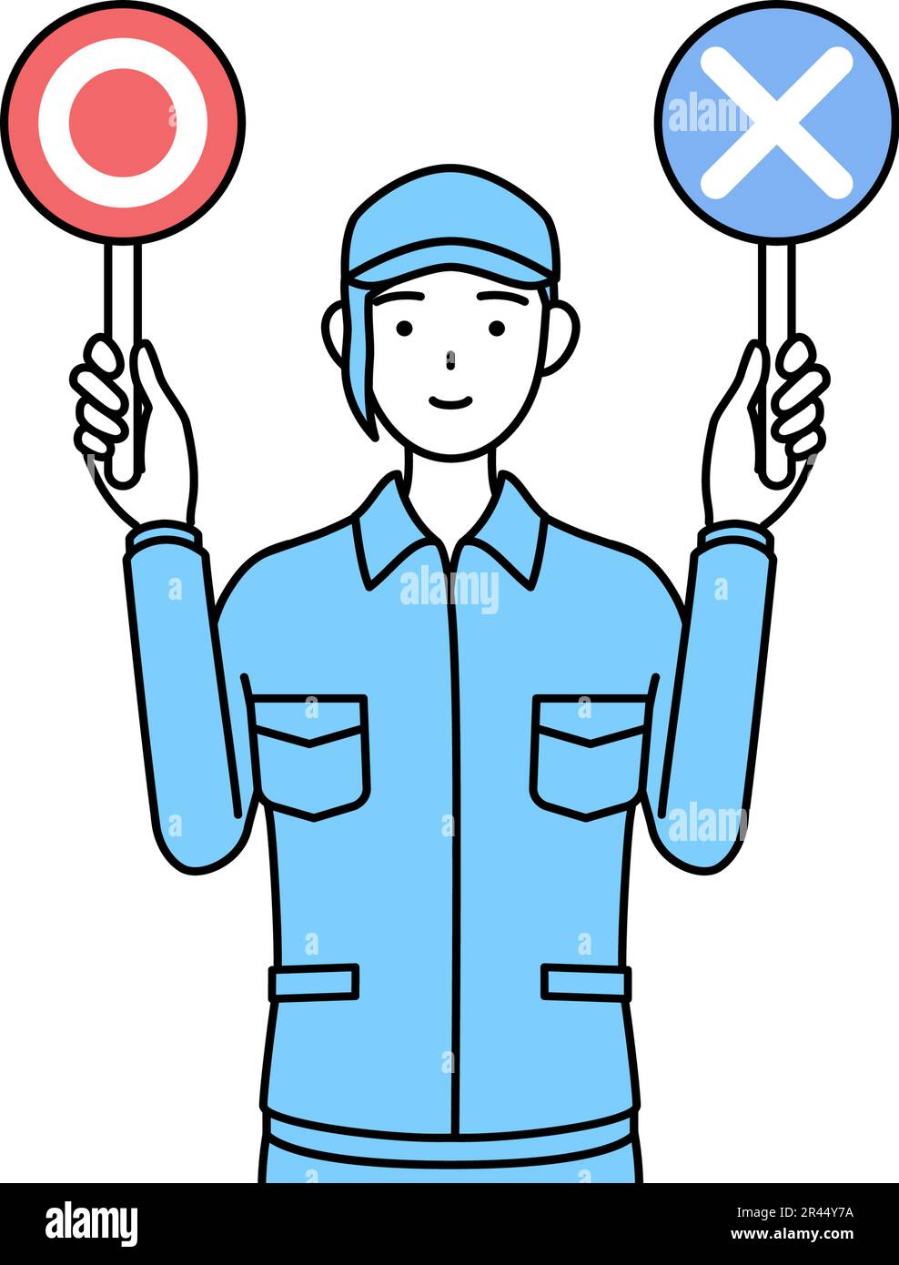 Woman in hat and work clothes holding a placard indicating correct and ...