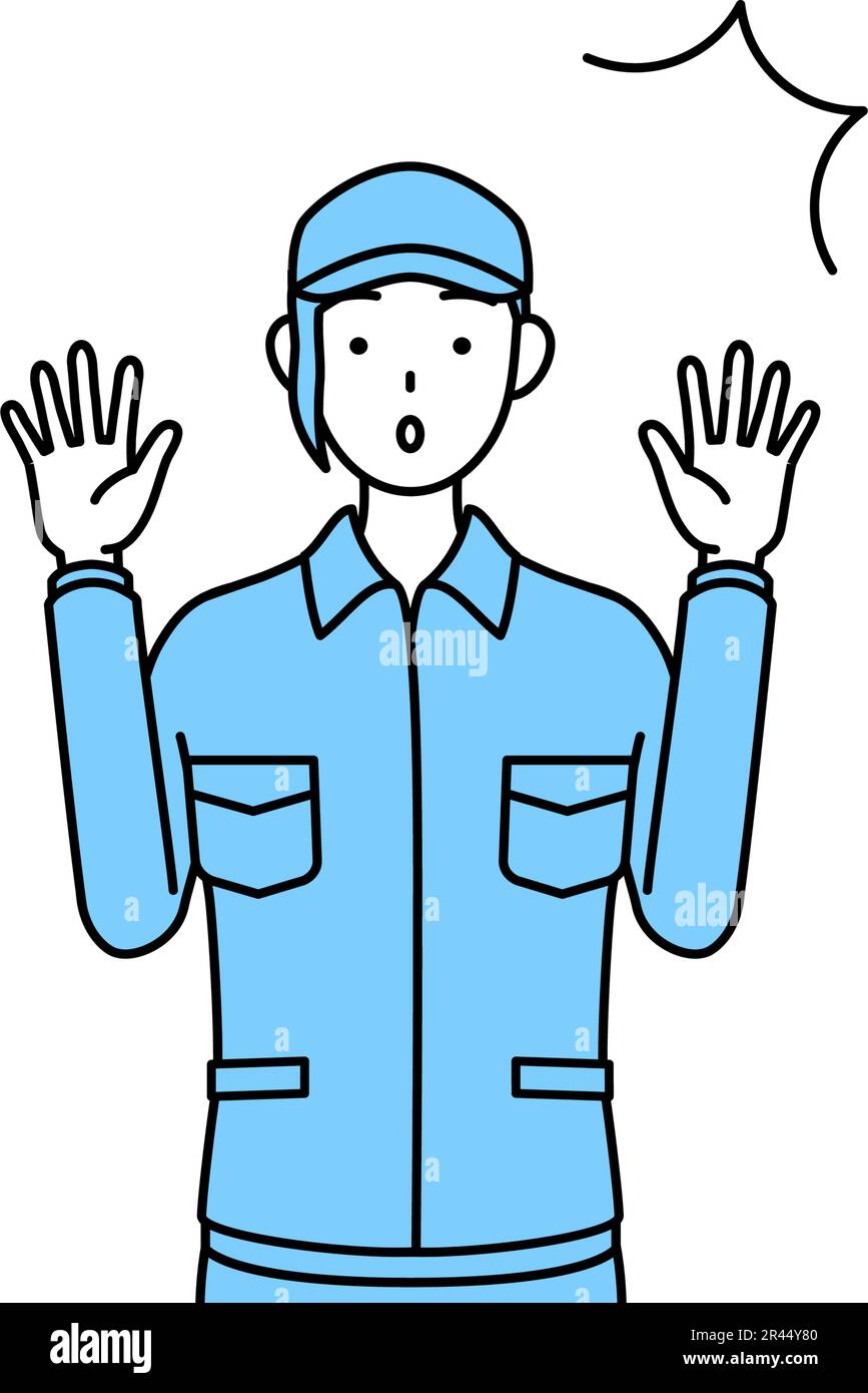 Woman in hat and work clothes raising her hand in surprise, Vector ...
