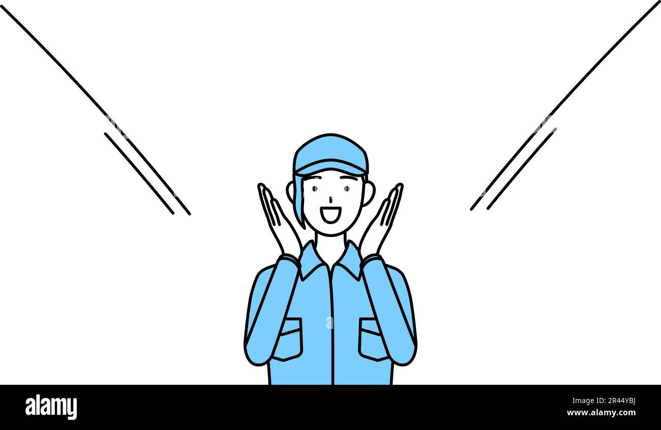 Woman in hat and work clothes calling out with her hand over her mouth ...