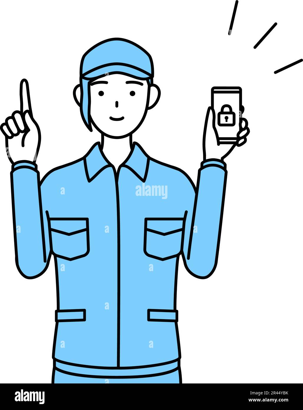 Woman in hat and work clothes taking security measures for her phone ...