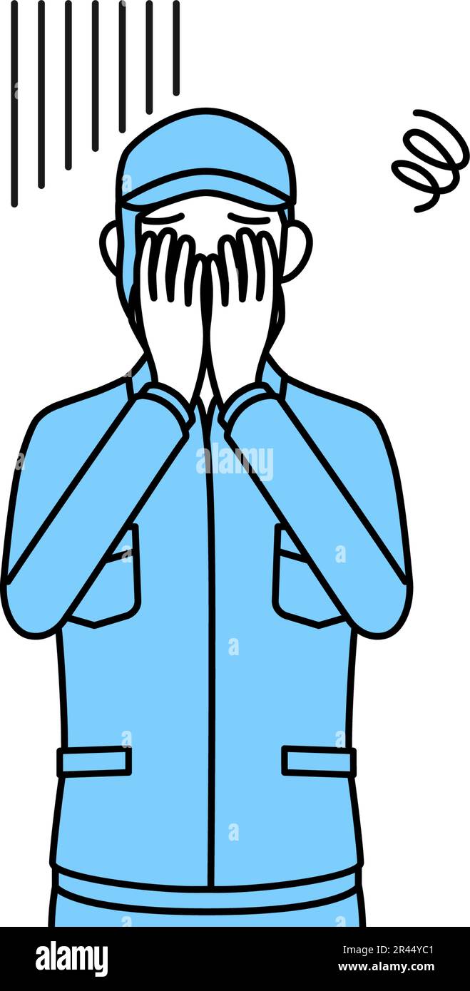 Woman in hat and work clothes covering her face in depression, Vector ...